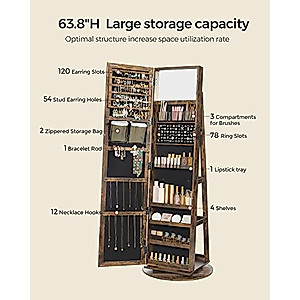 SONGMICS 360° Swivel Jewelry Cabinet, Lockable Jewelry Organizer with Full-Length Mirror, Rear Storage Shelves, Built-in Small Mirror, Jewelry Armoire, for Women, Rustic Brown UJJC006X01