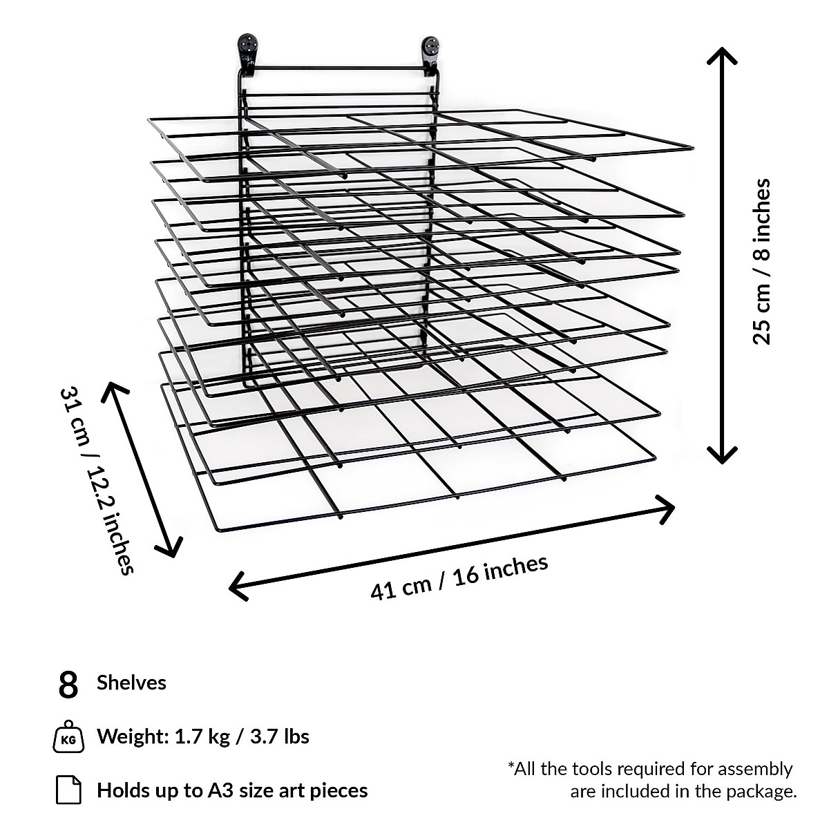 Art Drying Rack Hanging for Classroom | Small Hangable Paint Drying Rack | 8 Removable Shelves | Canvas Rack Art Storage | Painting Drying Rack with Hooks | Stack Rack for Painting, Drawings, And More