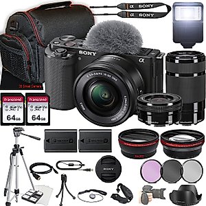 Sony ZV-E10 Mirrorless Camera w/E PZ 16-50mm f/3.5-5.6 OSS Lens + E 55-210mm f/4.5-6.3 OSS Lens + 2X 64GB Memory + Case + Filters + Tripod & More (35pc Bundle) (Renewed)