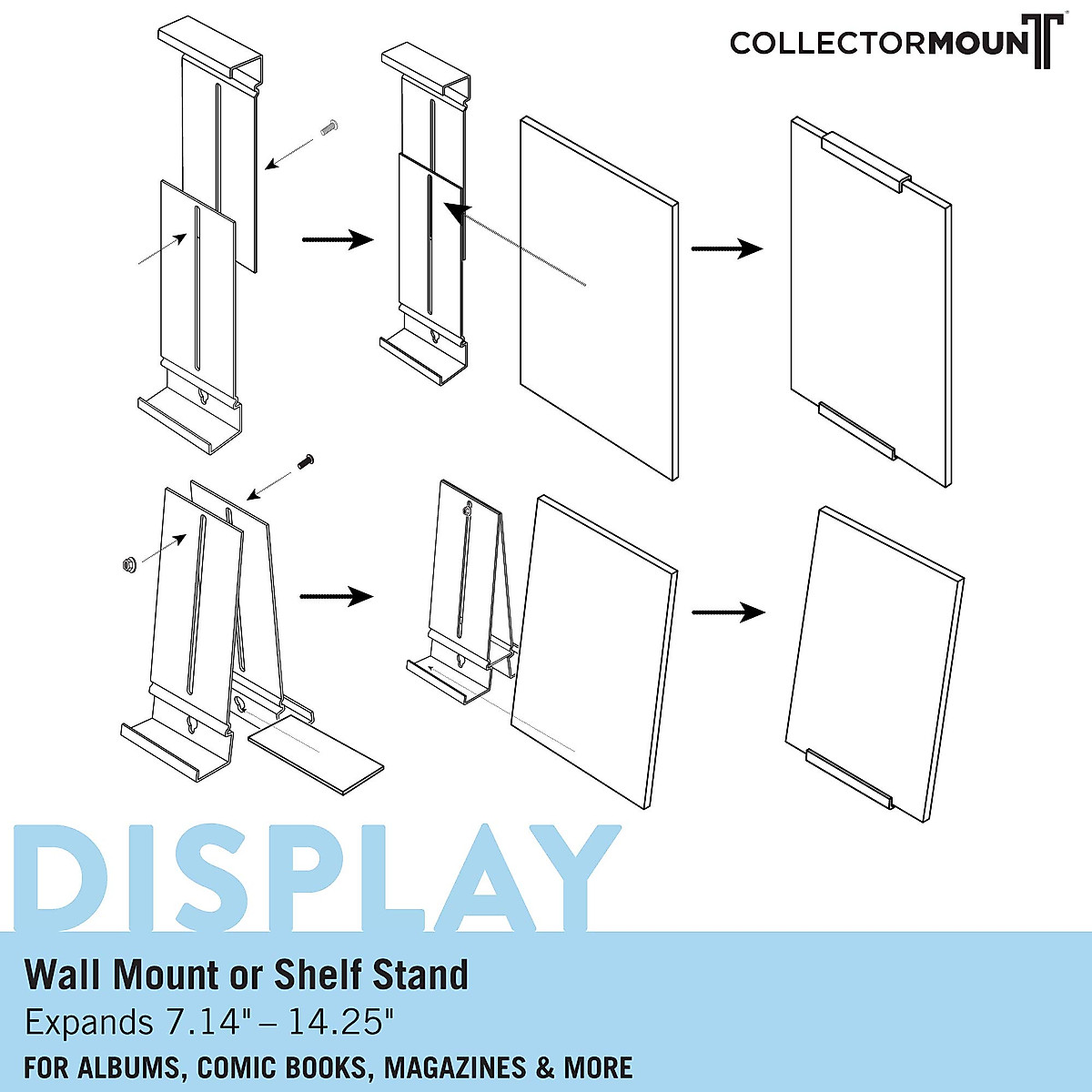 CollectorMount Album Mount 2 Pack Wall Mount Album Frame Brackets or Shelf Stand, Adjustable, Clear to display Vinyl Records
