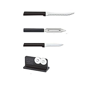 Rada Cutlery Top Seller’s Kit Knives – Includes Paring Knife, Tomato Slicer, Vegetable Peeler With Black Stainless Steel Resin Handles Plus Quick Edge Knife Sharpener