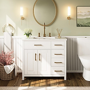 AMERLIFE 36" Bathroom Vanity with Sink Combo, Modern Undermount Small Single Bathroom Cabinet Set, Includes 37" Countertop & Integrated Sink, Soft Closing Doors, Bathroom Dresser White