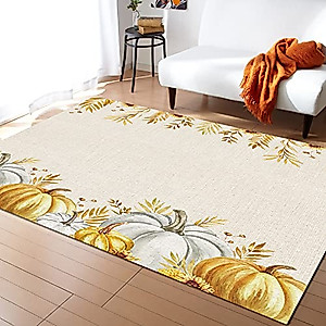 Rugs for Bedroom Living Room Office Kitchen, Watercolor (Gold and White) Pumpkin Leaves Thanksgiving Fall Harvest Soft Carpet Washable Area Rugs, Indoor 5x7 Feet Floor Rug for Home Decor Aesthetic