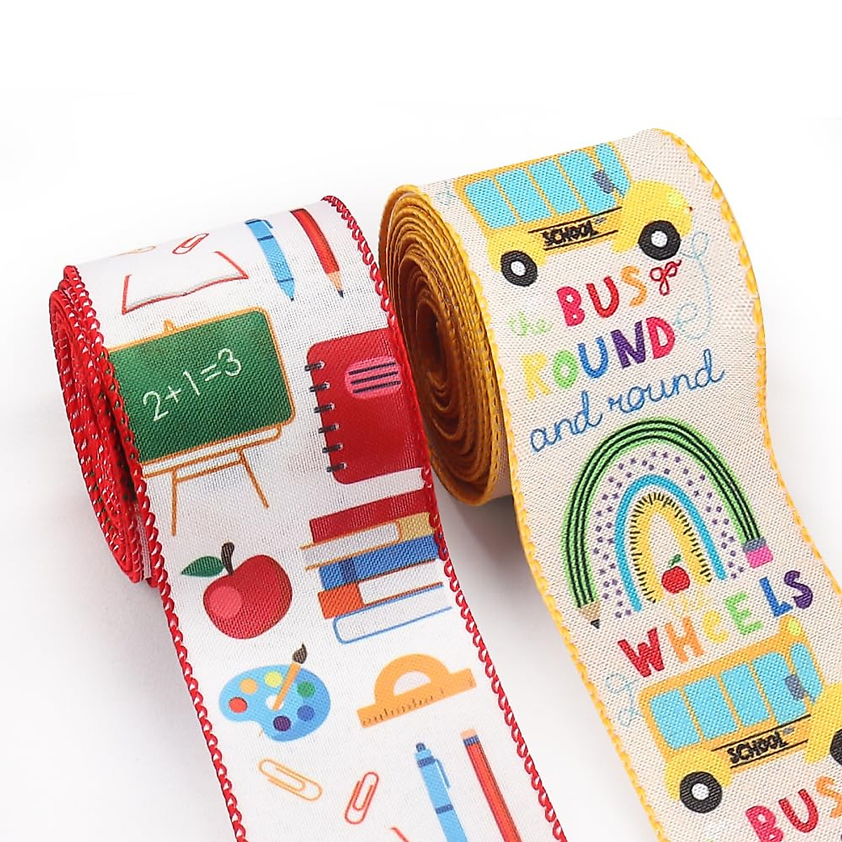 2 Rolls Back to School Fabric Ribbons School Theme Burlap Linen Ribbons School Bus Apple Books Ribbons for First Day of School Gift Wrapping Outdoor Hanging Decoration Supplies (2.5 Inch * 5 Yards)