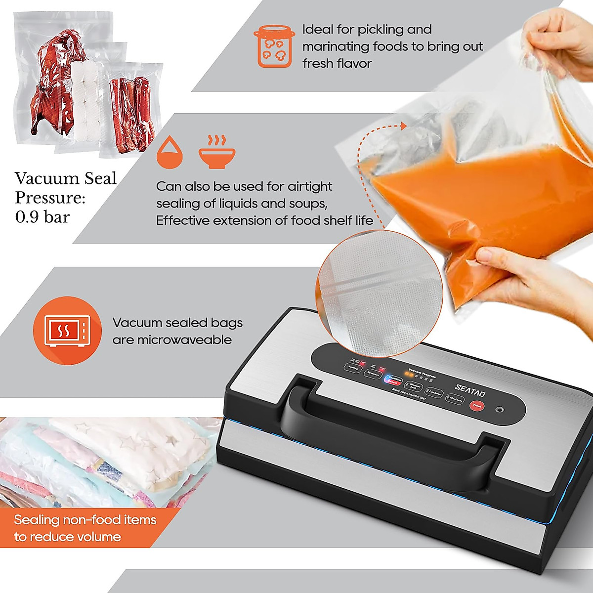 Seatao Commercial Vacuum Sealer Machine,90Kpa Multifunctional Food Saver Vacuum Sealer Machine with Dry/Moist Modes and LED Indicator Lights,Handle Locked Design,For Sous Vide and Air Tight Food Storage,Silver