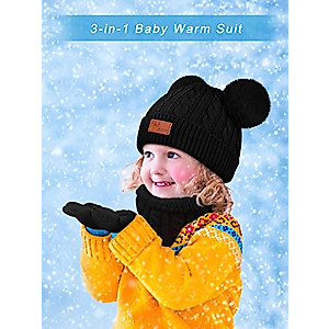 Cooraby 3 Pieces Toddler Winter Knitted Hat Scarf Gloves Set Knit Fleece Lined Thermal Set for Boys Girls, Black