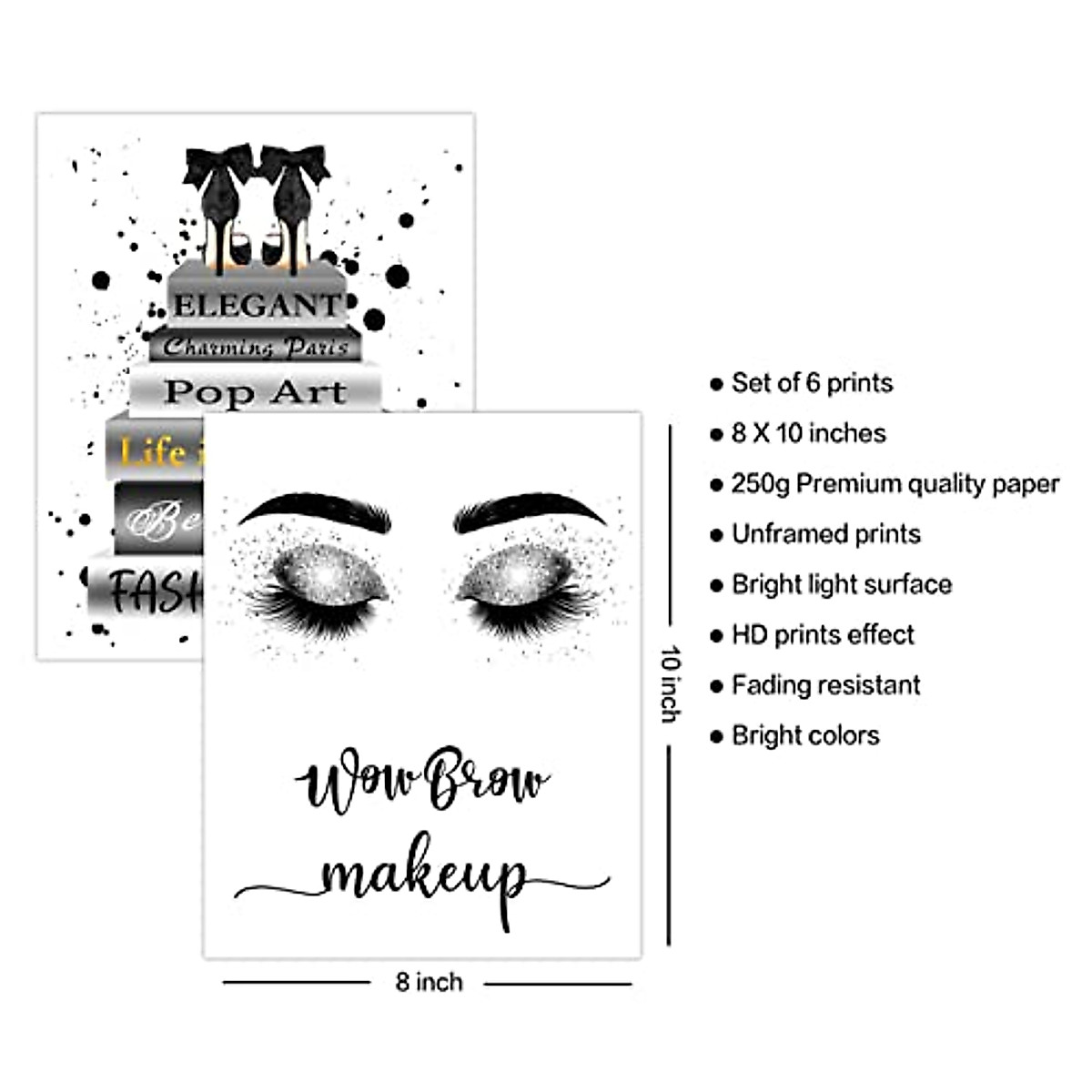 Glam Silver Fashion Wall Decor Girls Room Decor Wall Art Glitter Silver Fashion Lady Perfume Flower Book High Heels Posters Prints Women Bathroom Decor Bedroom Decor(8x10 inch Unframed, Silver)