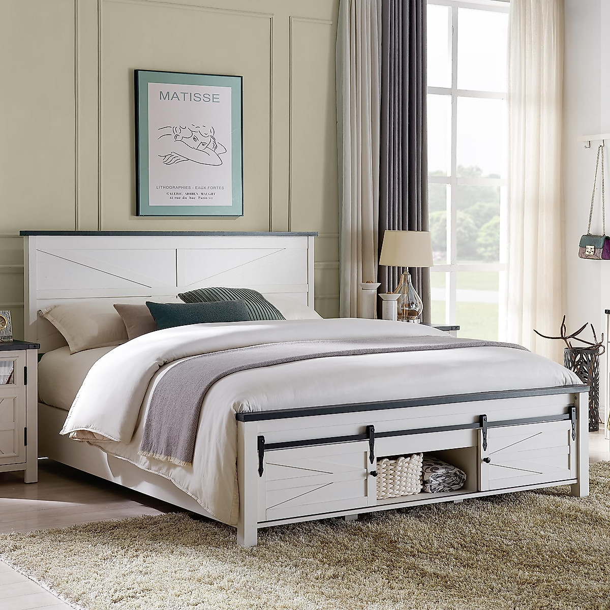 JXQTLINGMU Farmhouse Wood Bed Frame King Size with Sliding Barn Door Storage Cabinets and Headboard, Solid Wood Slats Support, Noiseless, No Box Spring Needed, Antique White