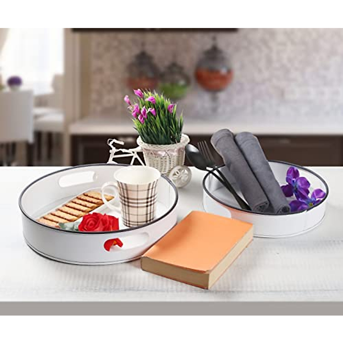 Decorative Coffee Table Tray,Galvanized Round Serving Tray for Living Room, Round Metal Tray for Ottoman or Side Table, Charcuterie Board or Cheese Platter,Set of 2 Countertop Fruit Tray Baskets