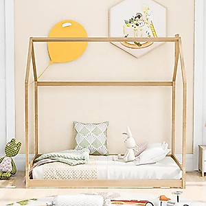 AOCOROE Twin Size House Bed Frame Floor Montessori House Bed Canopy Bed for Boys and Girls. House Shaped Wood Twin Bed Frame Without Slats, Natural
