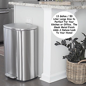 Homie 13 Gallon Kitchen Trash Can Soft Close with Anti - Bag Slip Liner and Lid, Use as Garbage Basket, Tall Dust Bin, or Decor in Bathroom, Restroom, Kitchen, or Bedroom (Brushed Stainless Steel)