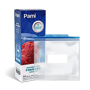 PAMI Freezer Zipper Gallon Bags [60 Pieces] - Leakproof Food Storage Freshness-Lock Bags With Expandable Bottom- Food-Safe Slider Zipper Bags