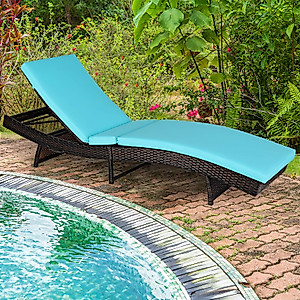 RELAX4LIFE Chaise Lounge Chair Recliner Patio Adjustable Folding Reclining Wicker Chair with 5 Backrest Positions, Removable Upholster for Pool, Garden Outdoor PE Rattan Reclining Chair(2, Turquoise)