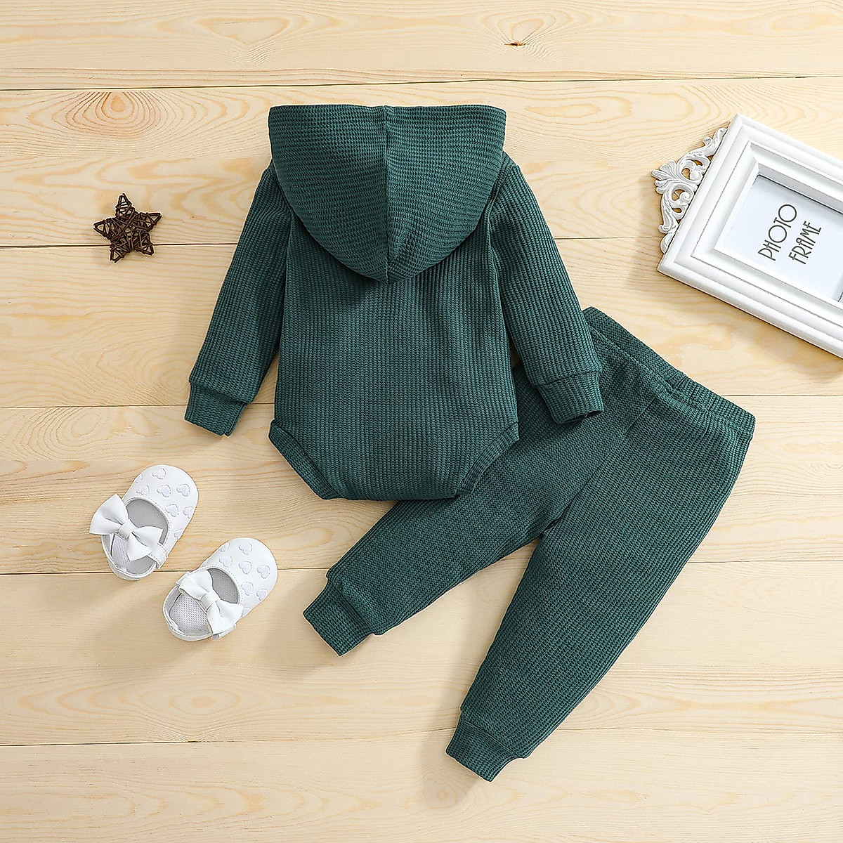 Thorn Tree Newborn Unisex Baby Clothes Set Hooded Long Sleeve Bodysuit Stretchy Pants Girl Boy Cotton Ribbed Outfits Fall Winter (Dark Green Hooded Suit,6-12 Months)