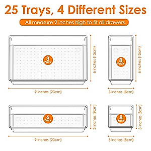 31 PCS Drawer Organizer Set for Bedroom Bathroom, 25 Pcs Clear Plastic Drawer Organizer Trays and 6 Pack Drawer Organizers for Clothing