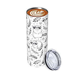 AFHYZY 20 oz Skinny Tumbler Reusable Coffee Travel Mug with Lids and Straws, Insulated Coffee Cups 20oz Stainless Steel Water Bottles Leak Proof for Home, Adults, Women - Raccoon