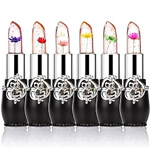 firstfly Pack of 6 Crystal Flower Jelly Lipstick, Long Lasting Nutritious Lip Balm Lips Moisturizer Magic Temperature Color Change Lip Gloss (Black)