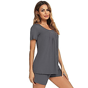 Roojaa Womens Pajama Set Pleated Loose Short Sleeve Pjs Soft Summer Casual Sleepwear Dark Grey