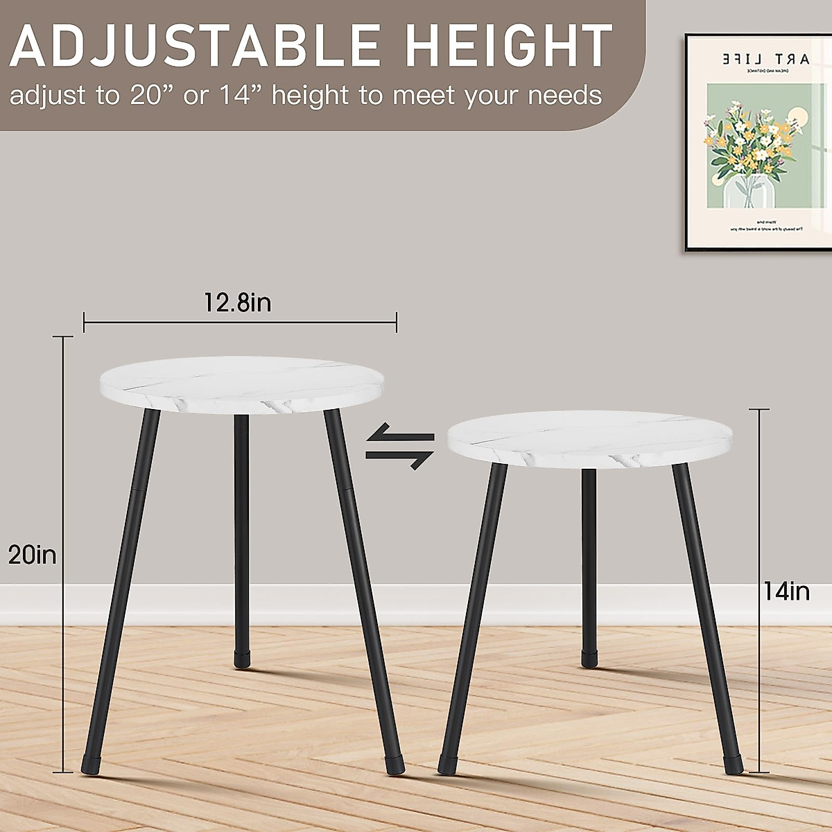 KINNARY Round Side Table Set of 2, Small Accent End Table for Living Room, Bedroom, Small Spaces, Height Adjustable Metal Legs, Nightstand Coffee Bedside Table for Office, Marble White