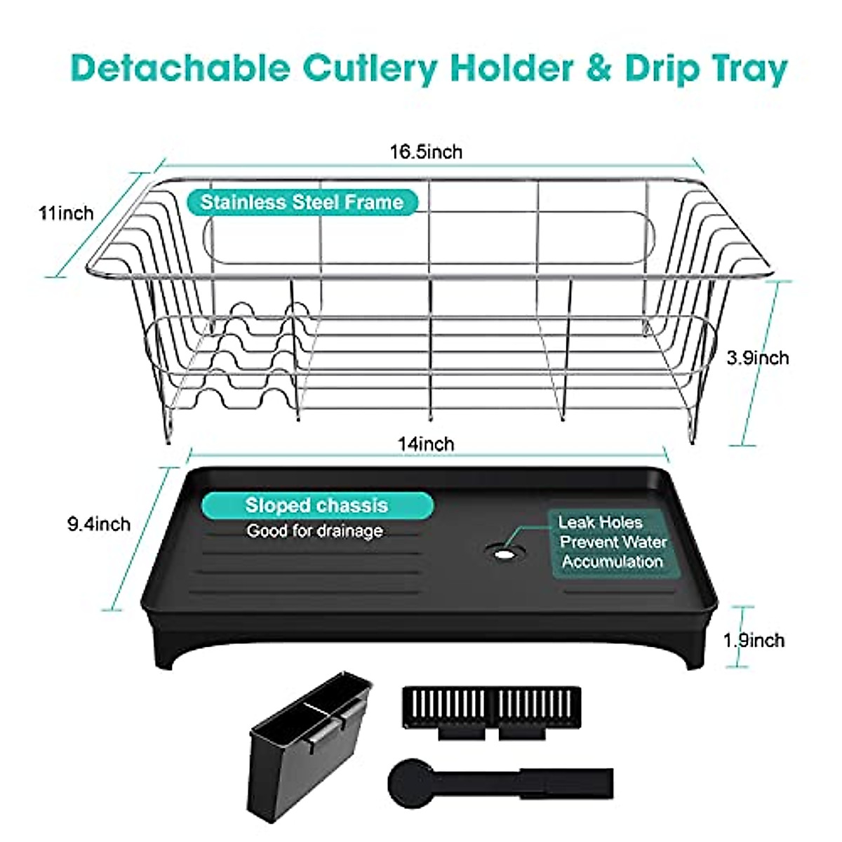 ANTOWIN Dish Drying Rack, Dish Drainer with Drip Tray, Anti-Rust Frame, Swivel Spout Large Storage Draining Board Design, Removable Cutlery Holder for Kitchen - Black with Dishwashing Brush
