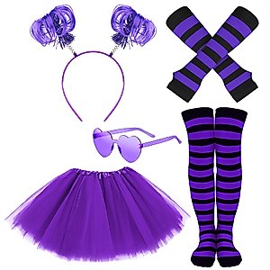 Womens Tulle Tutu Costume Set, Skirt Arm Leg Warmers Striped Socks, 80s Outfit Accessories Set for Women Party, C-Purple