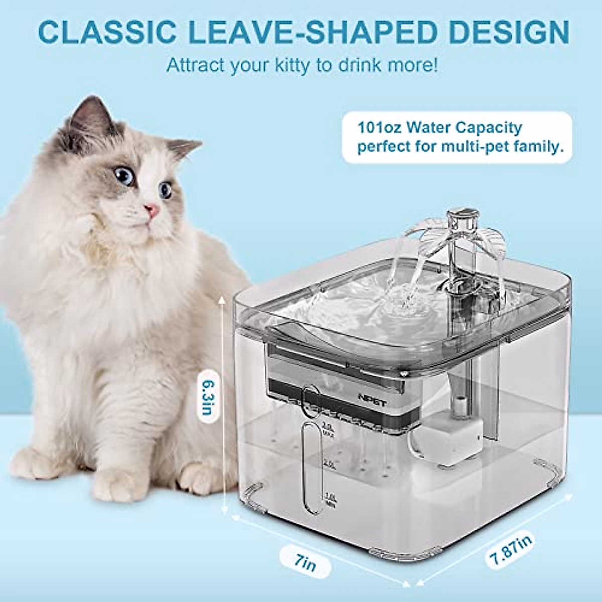 NPET Cat Water Fountain, 3L Automatic Pet Drinking Fountain Dog Water Dispenser with Quadruple-Action Filter (WF020 Transparent)
