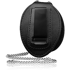 Police Badge Holder,Cowhide Universal Badge Holders Belt Clip,Metal Clip and Chain Included for Law Enforcement Officer Gifts (Black)