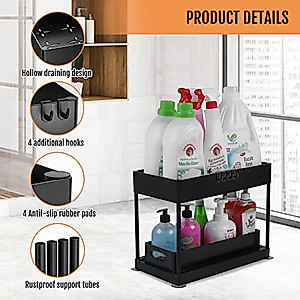 Multi-purpose Under Sink Shelf Organizer - 2-Tier Sliding Storage Drawer Basket Hollow Design Storage Organizer with Hooks,Support Tubes,Antil-slip pads,Suitable for Kitchen Bathroom (Single pull)