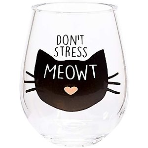 X&O Paper Goods Black Cat 'Don't Stress Meowt' Plastic Stemless Wine Glass, 12 oz., 3.5'' W x 4.5'' H
