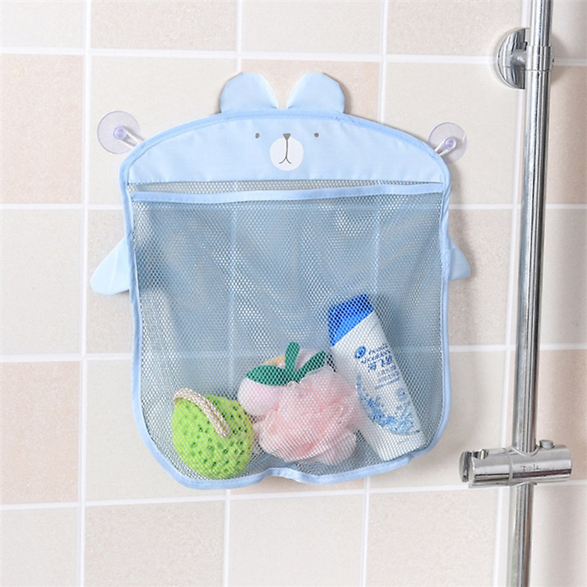 Bath Toy Organizer Cute Baby Hanging Mesh Net Cartoon Tub Toy Storage Large Size and Quick Dry Bathtub Toy Holder (Blue)