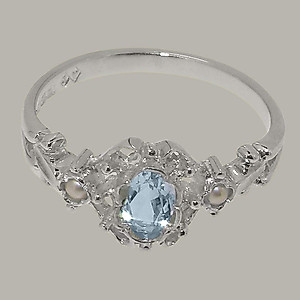 925 Sterling Silver Natural Aquamarine & Cultured Pearl Womens Statement Ring - Size 9.25
