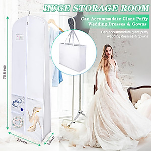 Hiitytin 70" Wedding Dress Garment Bag with 10'' Gusseted Dress Bags & Bride Tote Bag, 3 Pockets Garment Bag for Wedding Dress, Gown Garment Bag for Long Dresses, Prom Gown Bags, Bride Bag, White (1)