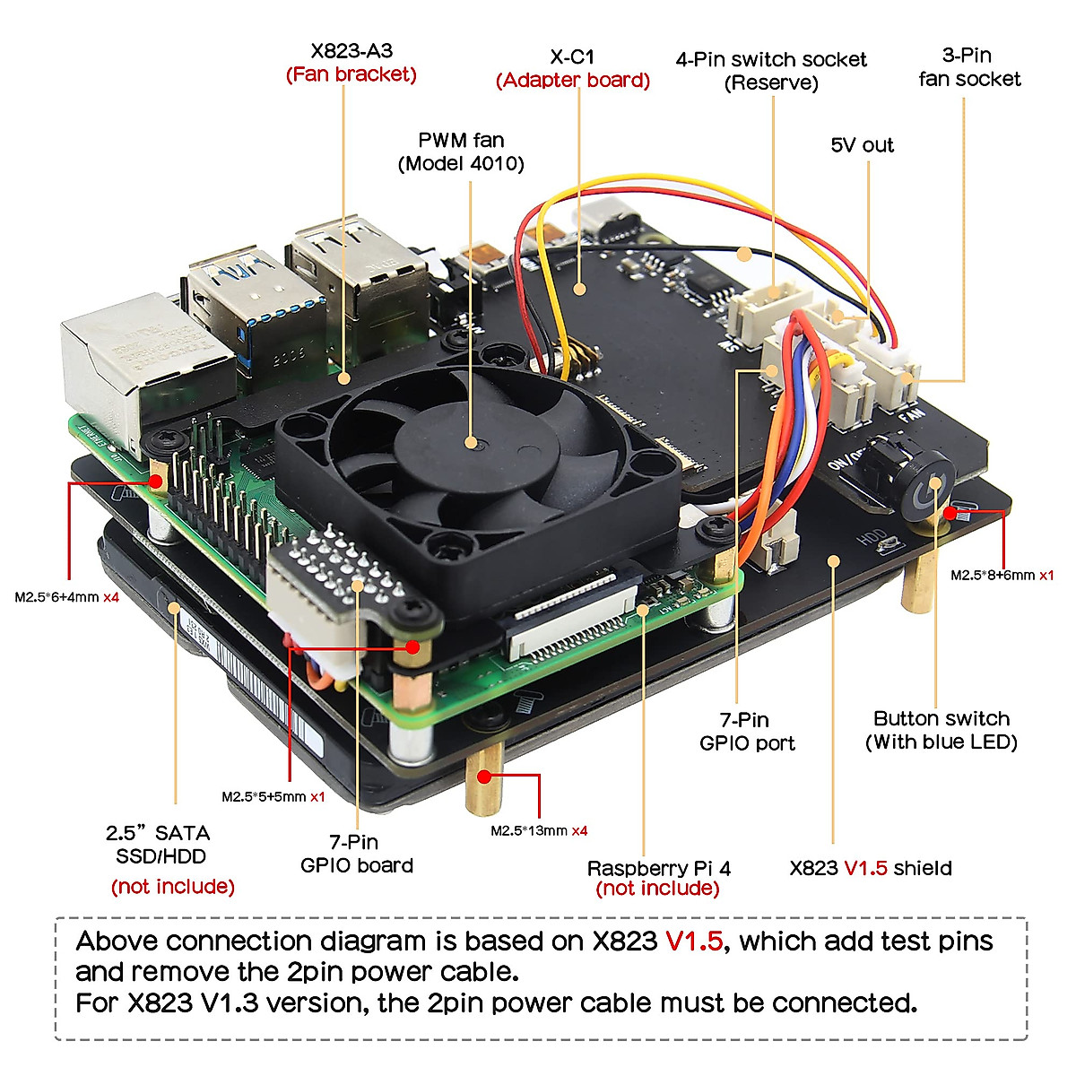 Geekworm NASPi V2.0 2.5 inch SATA HDD/SSD NAS Storage Kit with Safe Shutdown & Auto Power On Function for Raspberry Pi 4 Model B(Not Include Raspberry Pi 4)