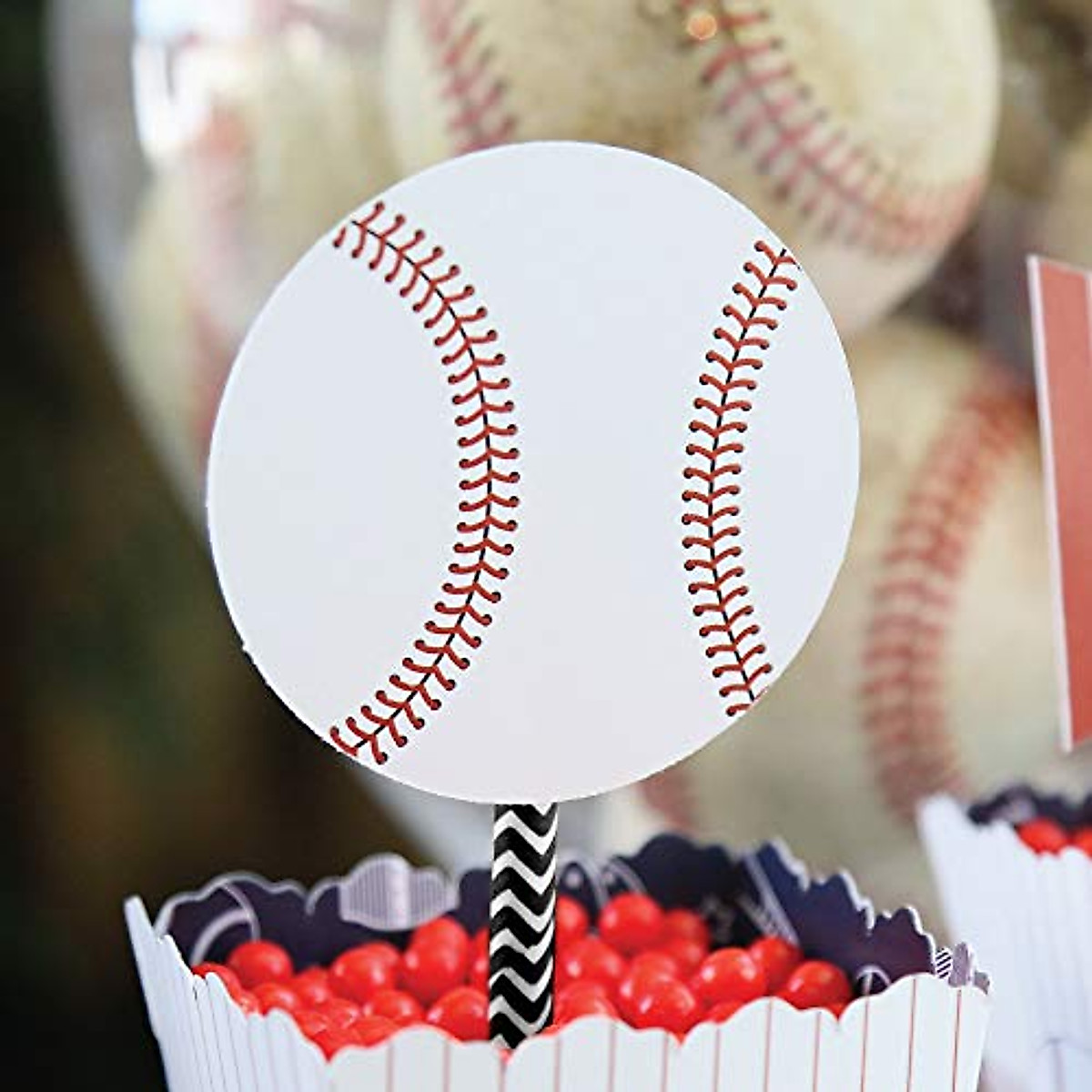 Big Dot of Happiness Batter Up - Baseball Paper Straw Decor - Baby Shower or Birthday Party Striped Decorative Straws - Set of 24