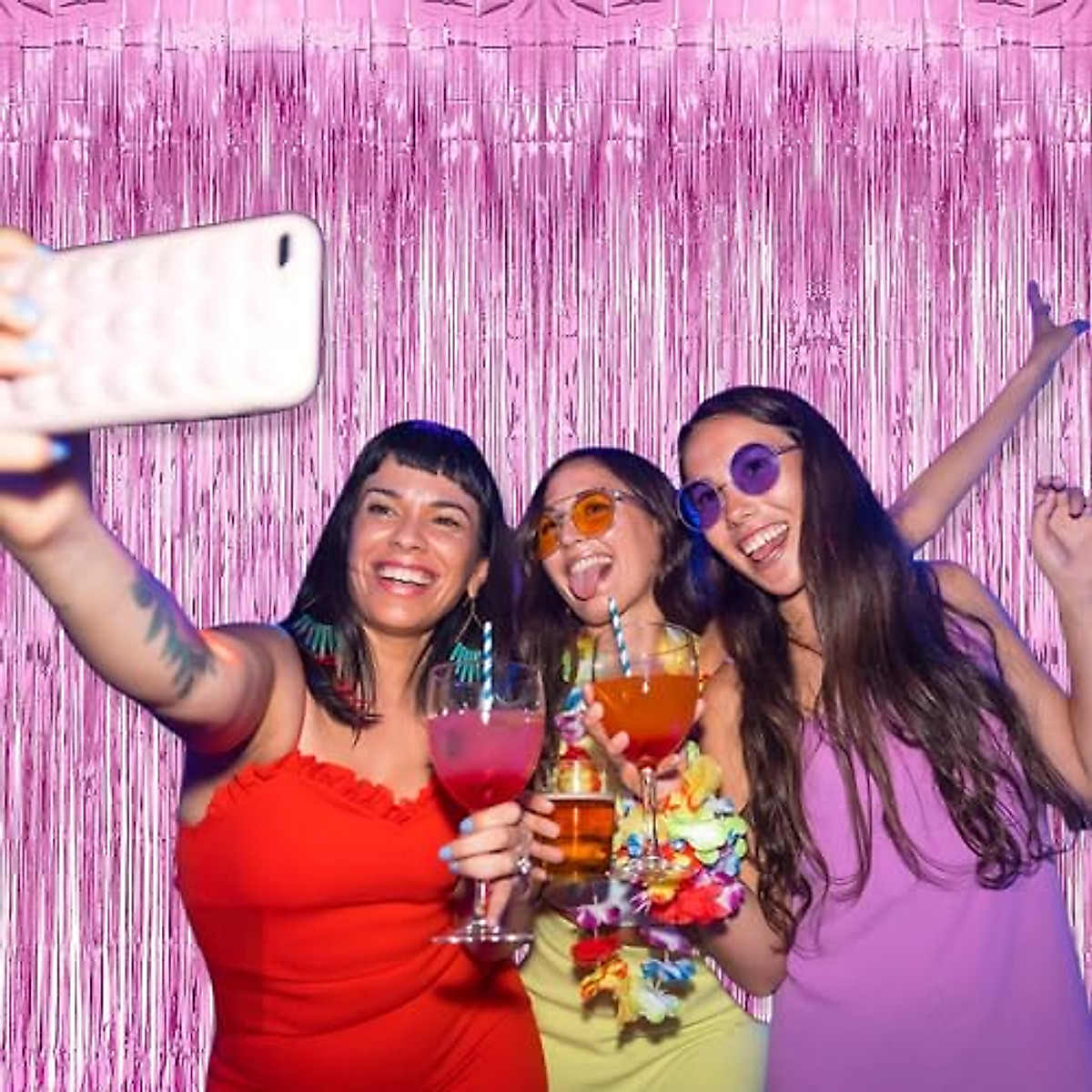 Foil Fringe Curtain Christmas Party Decorations - Pink Metallic Tinsel Photo Booth Backdrop Party Steamers Curtains for Birthdays Valentines Engagement Bachelorette Celebration