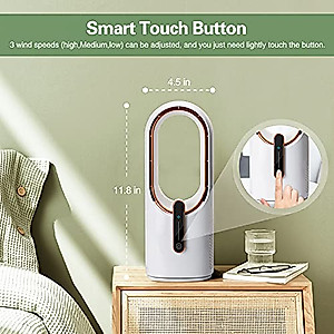 CONBOLA Desk Fan, 11.8 Inch Quiet Bladeless Fan USB Desktop Rechargeable Fan, Small Portable Table Fan with 3 Cooling Speeds, Touch Control Personal Fan for Bedroom, Office, Home, Outdoor (White)