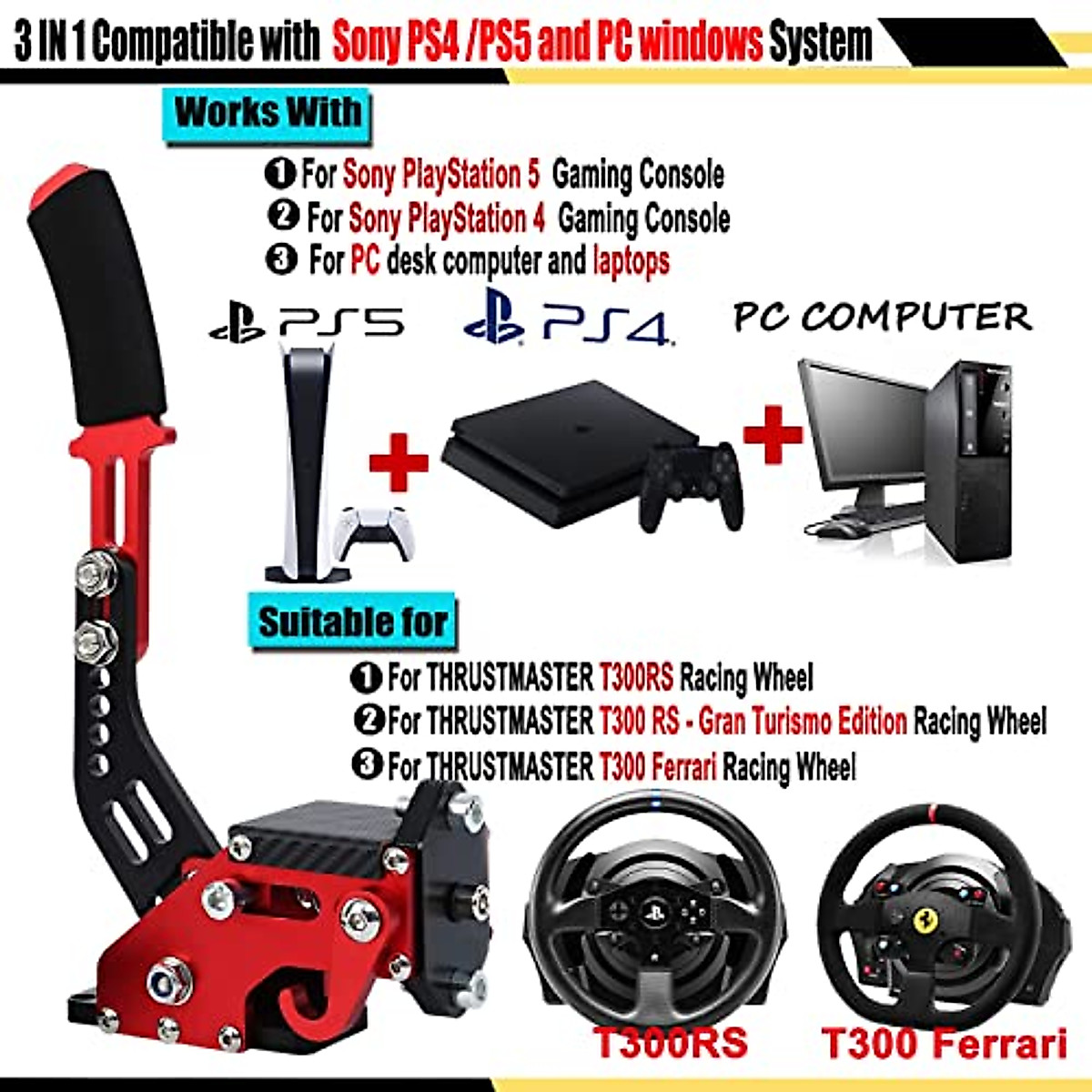 Obokidlyamor [Upgrade 4th GEN 3-IN-1 USB Handbrake Support T300RS/T300 Ferrari Compatible with PS5/PS4 + PC For Simracing Game Sim Rig with Clamp (For T300RS/T300/PS4/PS5 -Only Handbrake, Red)