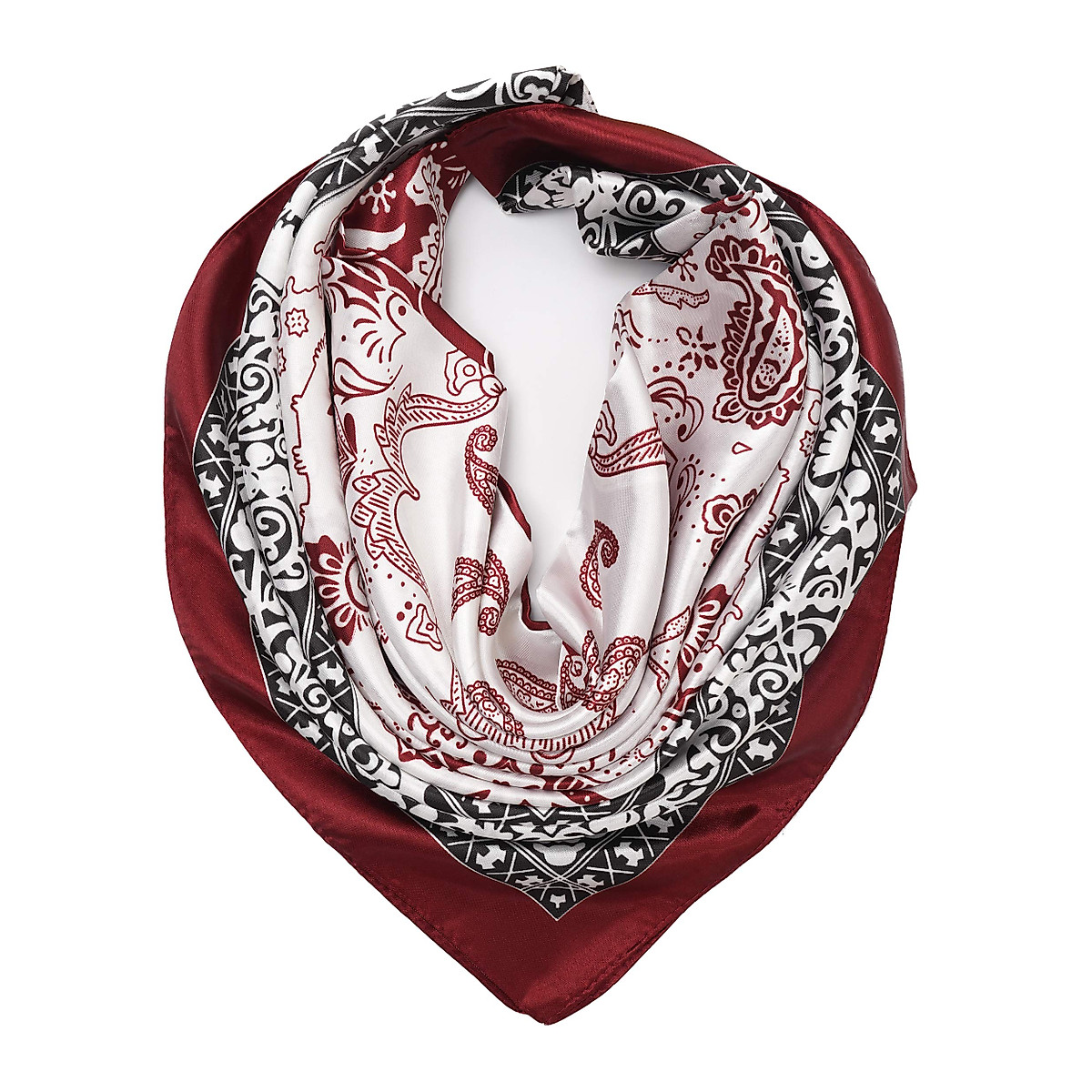 YOUR SMILE Silk Like Scarf Women's Fashion Pattern Large Square Satin Headscarf (Burgundy Bandanna)