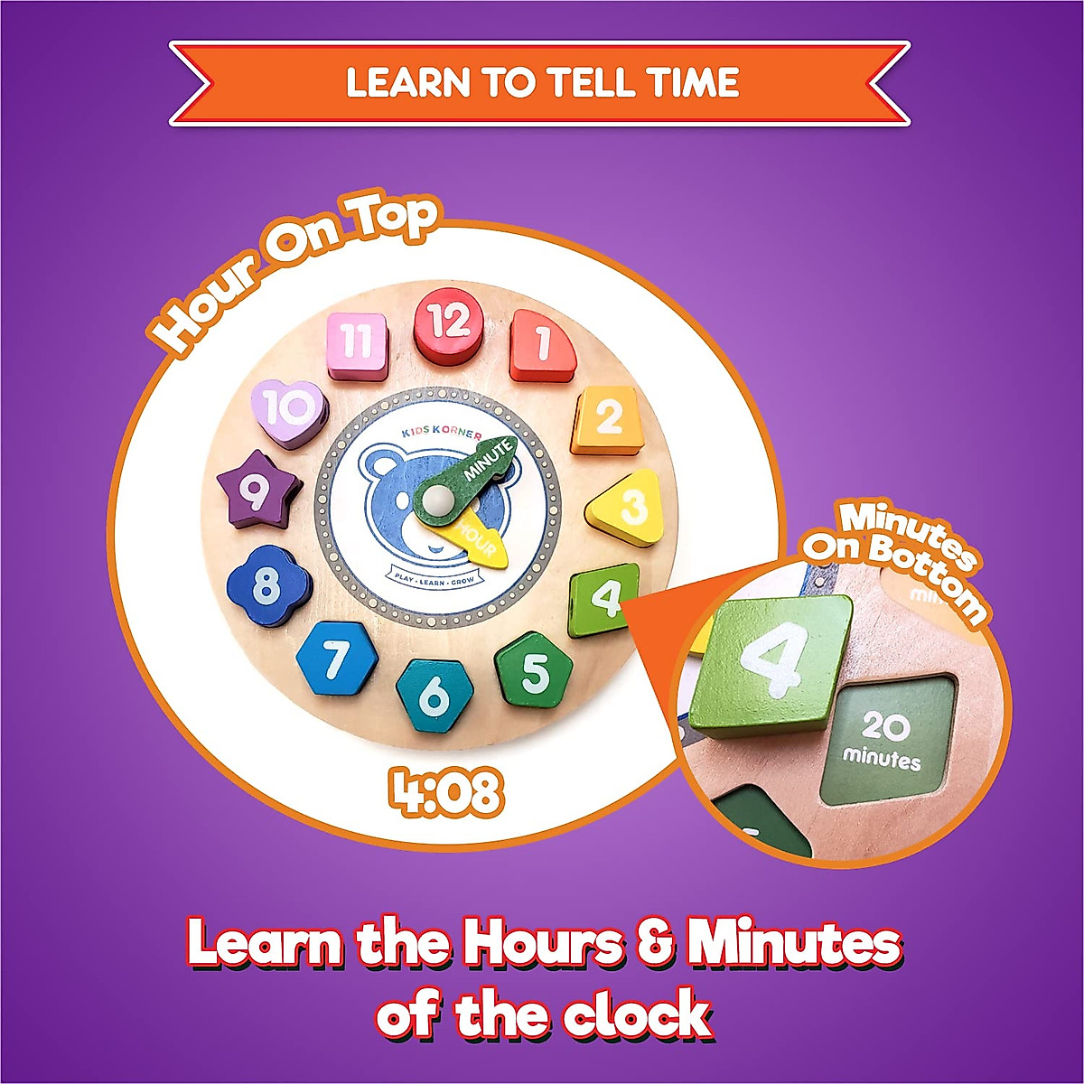 Lace & Learn Wood Clock for Kids - Shapes, Colors, Lacing & Telling Time Toddler Clock - Glow in The Dark Fine Motor Skills and Wooden Toys with Activity eBook