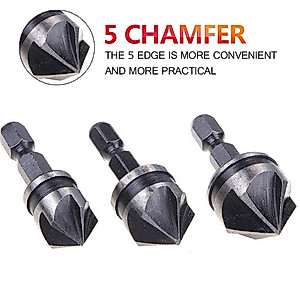 Yakamoz 3Pcs 1/4 Inch Hex Shank 5 Flute 90 Degree Chamfering Countersink Drill Bit Set | 12mm 16mm 19mm