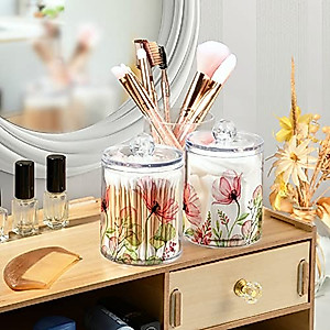 BOENLE 2 Pack Qtip Holder Dispenser Pink Rose Flwer Glass Floral Storage Canister Bathroom Acrylic Plastic Apothecary Jars Vanity Organizer Lid for Cotton Swab/Ball/Pad