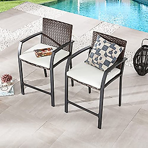 LOKATSE HOME 2 Piece Bar Stools Counter Height Chair Patio Furniture with Armrest for Garden Pool Lawn Backyard, Beige