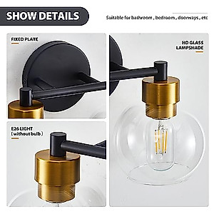 yenlacy Bathroom Light Fixtures, Black and Gold 2 Light Bathroom Vanity Light, Bathroom Lights Over Mirror with Globe Glass Shade and Metal Base, Vanity Lights for Bathroom, Stairs, Kitchen