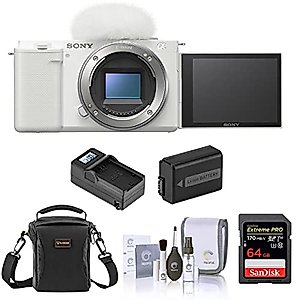 Sony ZV-E10 Mirrorless Camera Body, White Bundle with 64GB SD Card, Shoulder Bag, Battery, Charger, Cleaning Kit