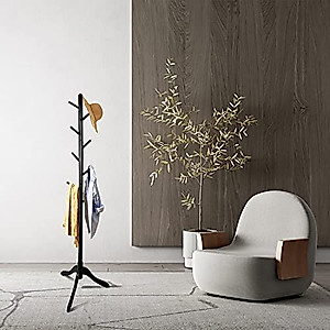 YEVONNIE Coat Rack Free Standing, Solid Wood Coat Stand, Hall Coat Tree with 8 Hooks for Coats, Hats, Bags, Purses, for Entryway, Hallway, Rubberwood (BLACK)