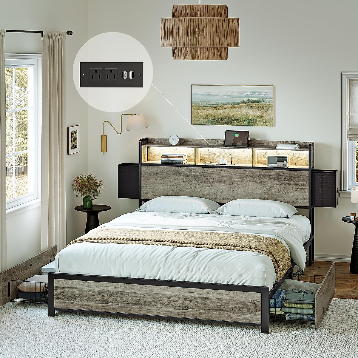 HAUSOURCE Queen Bed Frame with Bookcase Headboard and 2 Drawers LED Lights Metal Platform Non-Slip Without Noise Strong Metal Slats Support No Box Spring Needed (Greige, Queen)