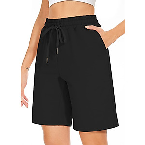 TARSE Women's Bermuda Shorts Summer Long Cotton Drawstring Loose Pocket Knee Length Shorts Yoga Casual Walking Exercise Shorts(Black,M)