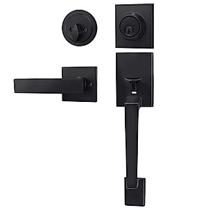 Azdele Black Front Door Handle with Deadbolt and Lever Set, Modern Front Door Lock Set, Black Door Handle with Single Cylinder Deadbolt for Exterior Door, Reversible for Right&Left Handed, Matte Black