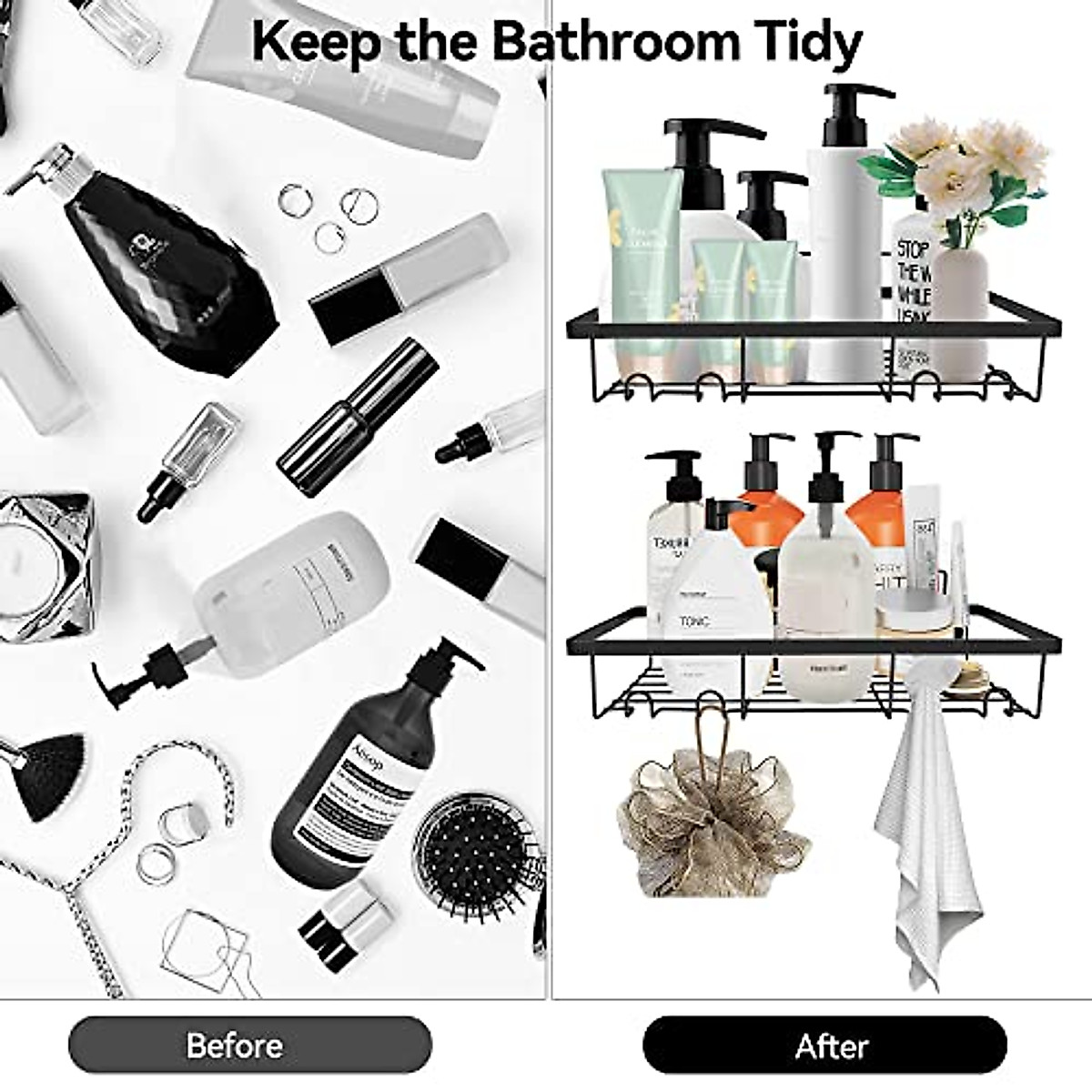 KAREEME Shower Caddy, Shower Shelf with 8 Hooks, 5-Pack Self Adhesive Bathroom Shower Organizer with 2 suction cup hooks, No Drilling Stainless Steel Rustproof Shower Shelves for Inside Shower(Black)