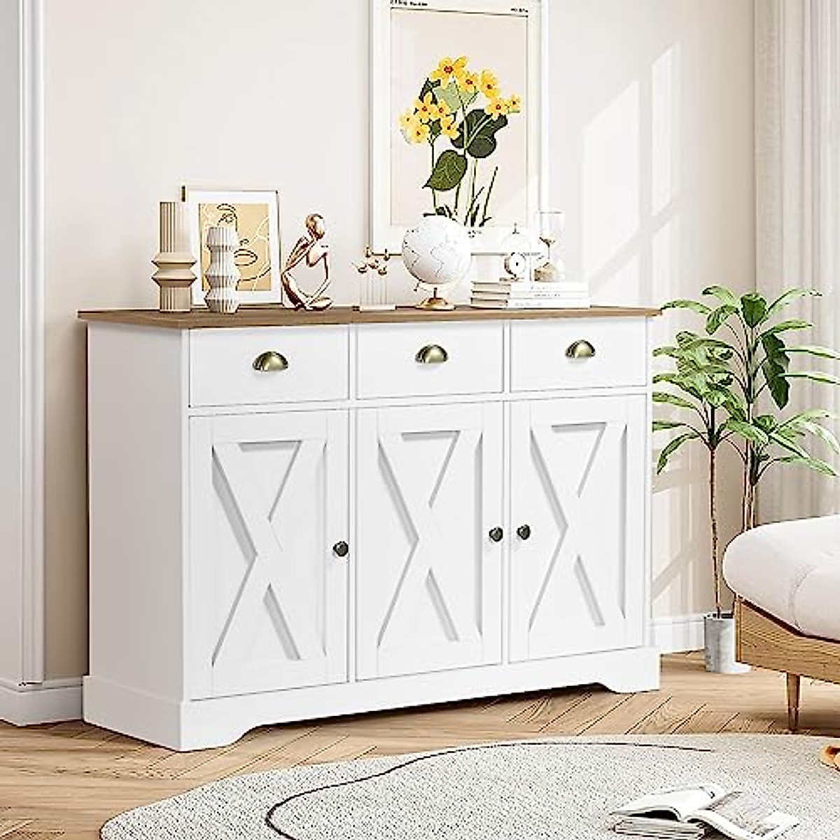 4 EVER WINNER Coffee Bar Cabinet, 47” Kitchen Buffet Storage Cabinet with 3 Drawers & 3 Barn Doors, Farmhouse Buffet Cabinet with Storage Server Console Table for Entry Dining Room, White